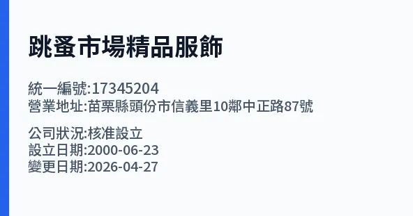 跳蚤市場精品服飾的照片-統編 17345204(苗栗縣) 公司登記資料與營業項目詳細圖表