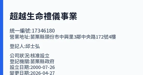 超越生命禮儀事業的照片-統編 17346180(苗栗縣) 公司登記資料與營業項目詳細圖表
