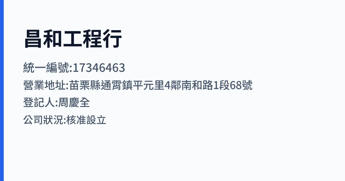 昌和工程行 - 統編 17346463(苗栗縣) 公司登記資料與營業項目詳細圖表