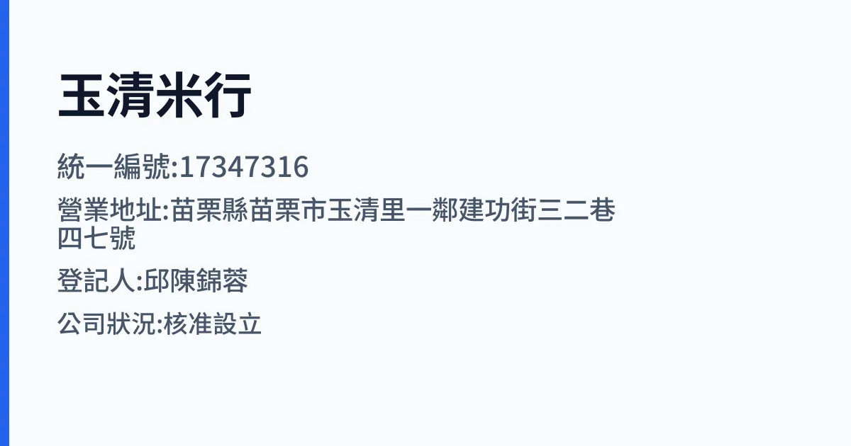 玉清米行 - 統編 17347316(苗栗縣) 公司登記資料與營業項目詳細圖表
