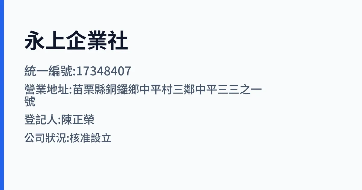 永上企業社 - 統編 17348407(苗栗縣) 公司登記資料與營業項目詳細圖表