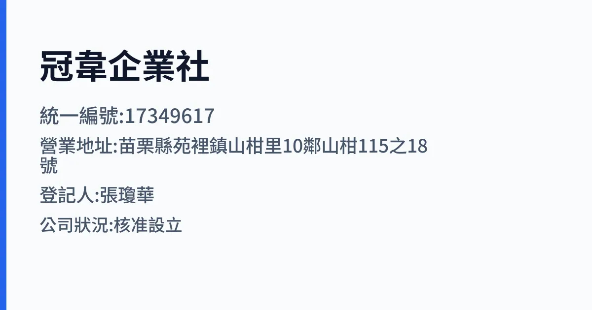 冠韋企業社 - 統編 17349617(苗栗縣) 公司登記資料與營業項目詳細圖表