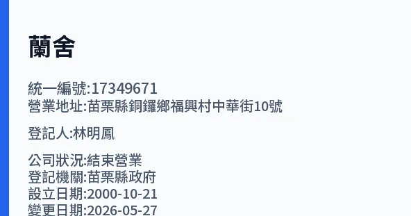 蘭舍的照片-統編 17349671(苗栗縣) 公司登記資料與營業項目詳細圖表