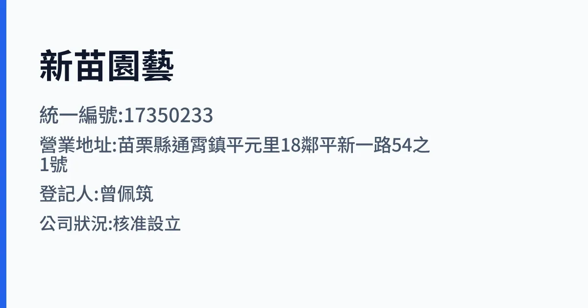 新苗園藝 - 統編 17350233(苗栗縣) 公司登記資料與營業項目詳細圖表