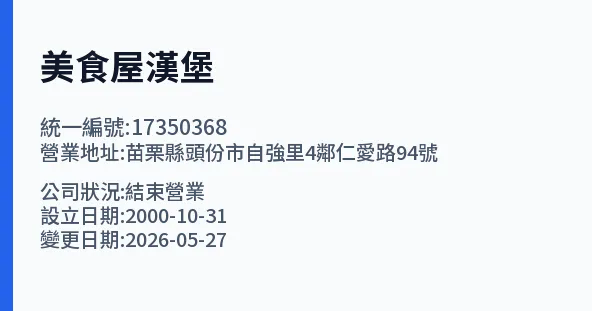 美食屋漢堡的照片-統編 17350368(苗栗縣) 公司登記資料與營業項目詳細圖表