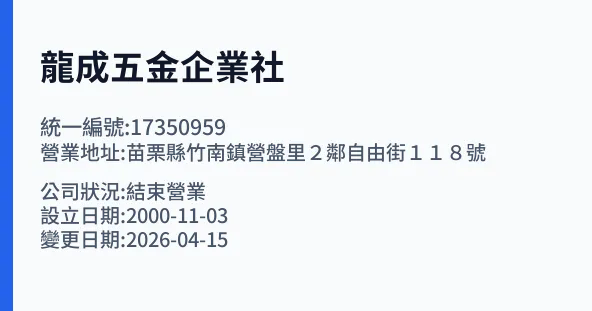 龍成五金企業社的照片-統編 17350959(苗栗縣) 公司登記資料與營業項目詳細圖表