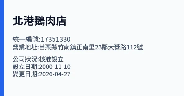 北港鵝肉店的照片-統編 17351330(苗栗縣) 公司登記資料與營業項目詳細圖表