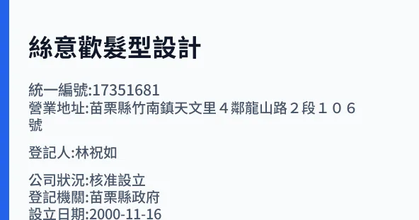 絲意歡髮型設計的照片-統編 17351681(苗栗縣) 公司登記資料與營業項目詳細圖表