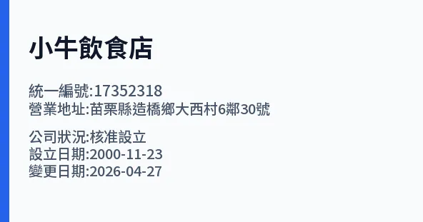 小牛飲食店的照片-統編 17352318(苗栗縣) 公司登記資料與營業項目詳細圖表