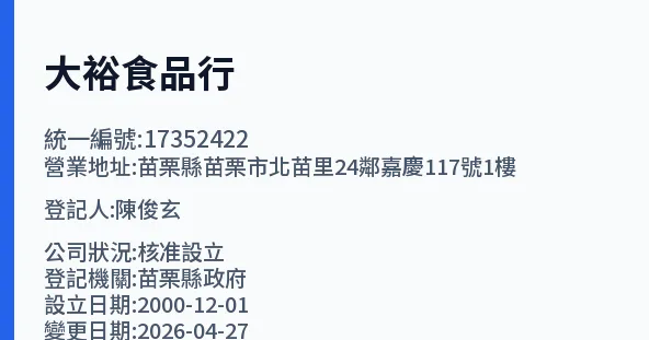 大裕食品行的照片-統編 17352422(苗栗縣) 公司登記資料與營業項目詳細圖表