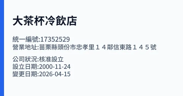 大茶杯冷飲店的照片-統編 17352529(苗栗縣) 公司登記資料與營業項目詳細圖表
