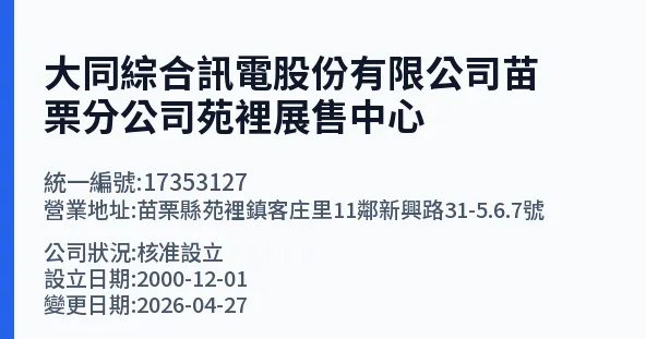 大同綜合訊電股份有限公司苗栗分公司苑裡展售中心的照片-統編 17353127(苗栗縣) 公司登記資料與營業項目詳細圖表