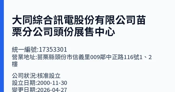 大同綜合訊電股份有限公司苗栗分公司頭份展售中心的照片-統編 17353301(苗栗縣) 公司登記資料與營業項目詳細圖表