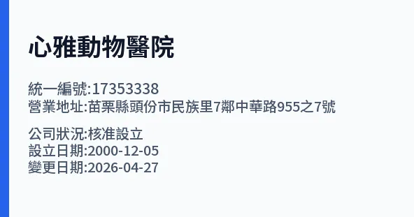心雅動物醫院的照片-統編 17353338(苗栗縣) 公司登記資料與營業項目詳細圖表