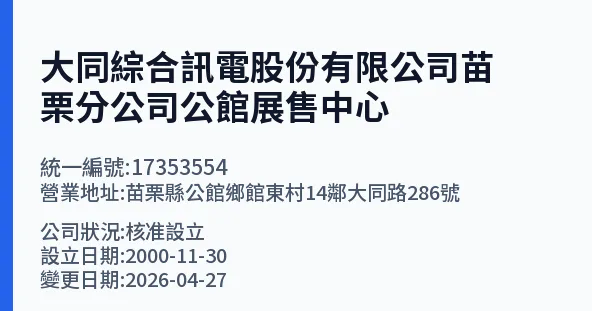 大同綜合訊電股份有限公司苗栗分公司公館展售中心的照片-統編 17353554(苗栗縣) 公司登記資料與營業項目詳細圖表