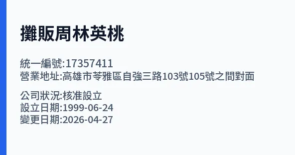 攤販周林英桃的照片-統編 17357411(高雄市) 公司登記資料與營業項目詳細圖表