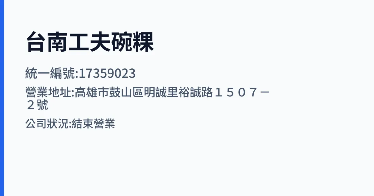 台南工夫碗粿 - 統編 17359023(高雄市) 公司登記資料與營業項目詳細圖表