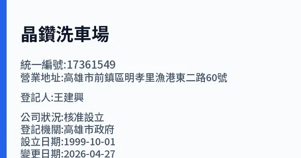 晶鑽洗車場的照片-統編 17361549(高雄市) 公司登記資料與營業項目詳細圖表