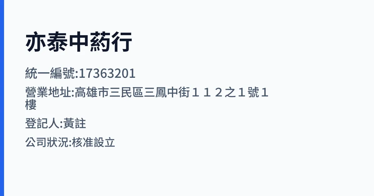 亦泰中葯行 - 統編 17363201(高雄市) 公司登記資料與營業項目詳細圖表