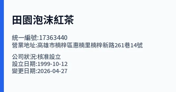 田園泡沫紅茶的照片-統編 17363440(高雄市) 公司登記資料與營業項目詳細圖表