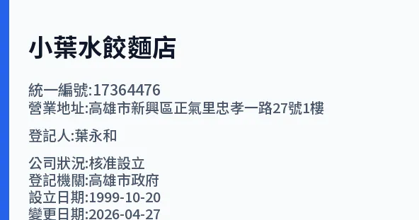 小葉水餃麵店的照片-統編 17364476(高雄市) 公司登記資料與營業項目詳細圖表
