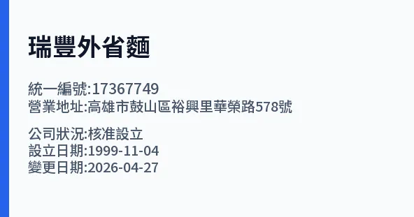 瑞豐外省麵的照片-統編 17367749(高雄市) 公司登記資料與營業項目詳細圖表