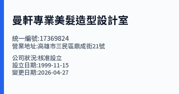 曼軒專業美髮造型設計室的照片-統編 17369824(高雄市) 公司登記資料與營業項目詳細圖表