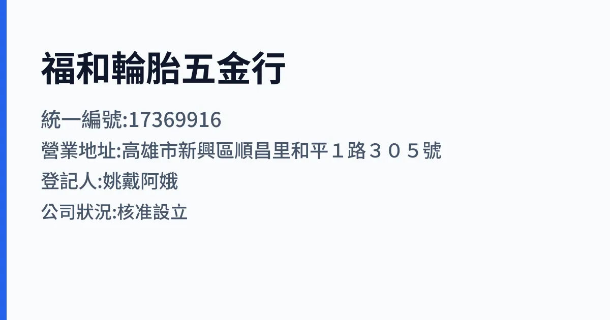 福和輪胎五金行 - 統編 17369916(高雄市) 公司登記資料與營業項目詳細圖表