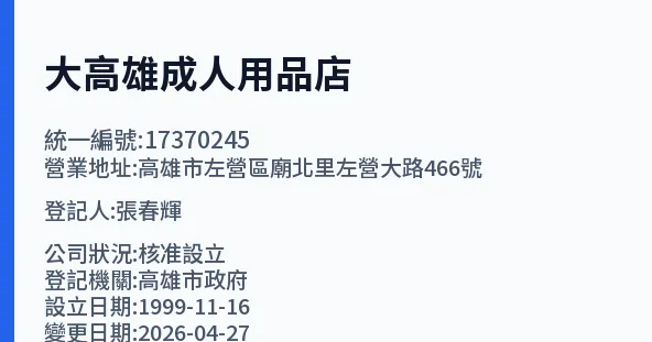大高雄成人用品店的照片-統編 17370245(高雄市) 公司登記資料與營業項目詳細圖表