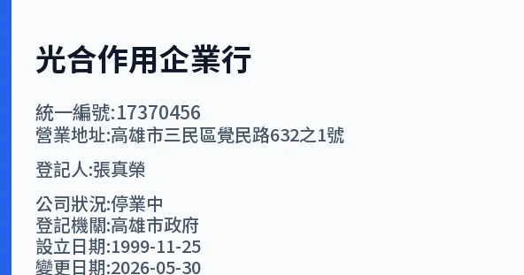 光合作用企業行的照片-統編 17370456(高雄市) 公司登記資料與營業項目詳細圖表