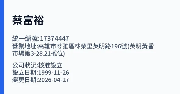 蔡富裕的照片-統編 17374447(高雄市) 公司登記資料與營業項目詳細圖表