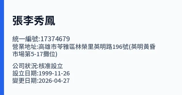 張李秀鳳的照片-統編 17374679(高雄市) 公司登記資料與營業項目詳細圖表