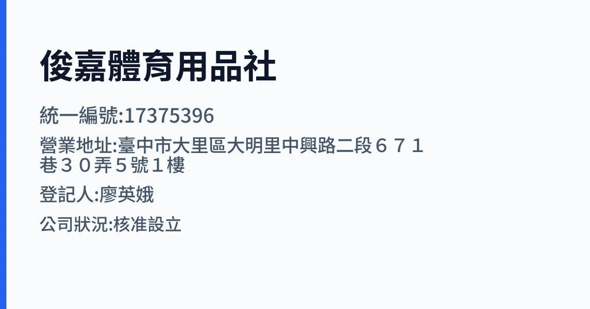 俊嘉體育用品社 - 統編 17375396(臺中市) 公司登記資料與營業項目詳細圖表