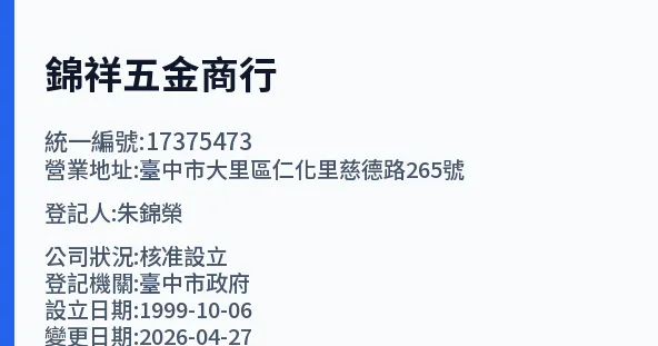 錦祥五金商行的照片-統編 17375473(臺中市) 公司登記資料與營業項目詳細圖表