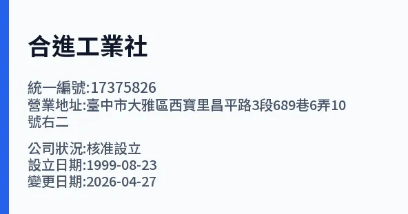 合進工業社的照片-統編 17375826(臺中市) 公司登記資料與營業項目詳細圖表