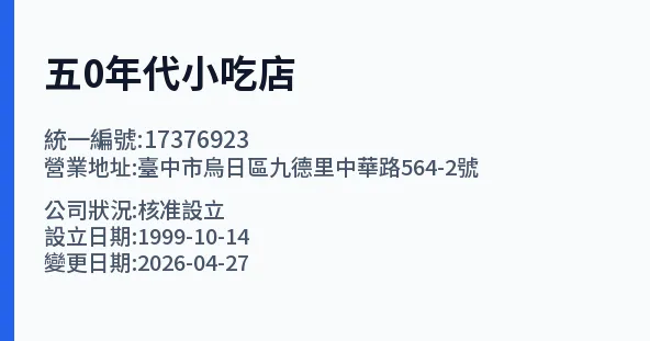 五0年代小吃店的照片-統編 17376923(臺中市) 公司登記資料與營業項目詳細圖表