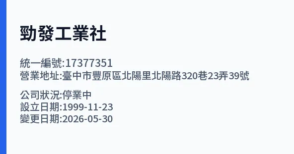 勁發工業社的照片-統編 17377351(臺中市) 公司登記資料與營業項目詳細圖表