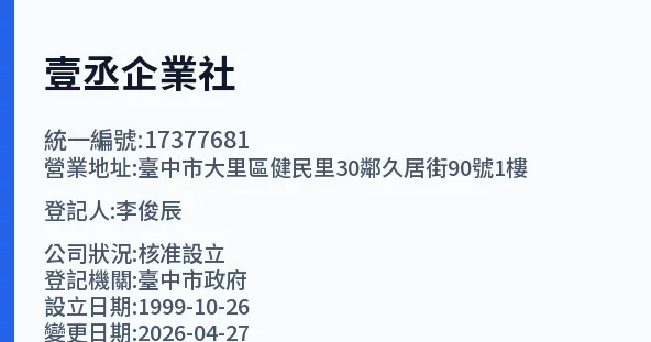 壹丞企業社的照片-統編 17377681(臺中市) 公司登記資料與營業項目詳細圖表