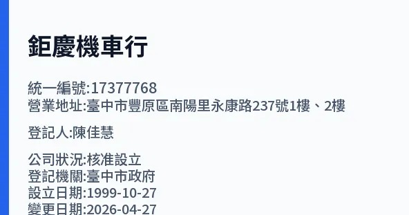 鉅慶機車行的照片-統編 17377768(臺中市) 公司登記資料與營業項目詳細圖表