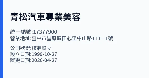 青松汽車專業美容的照片-統編 17377900(臺中市) 公司登記資料與營業項目詳細圖表