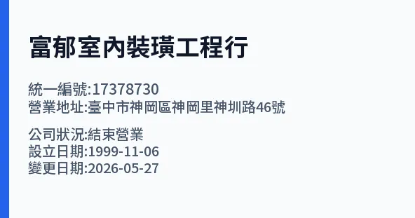 富郁室內裝璜工程行的照片-統編 17378730(臺中市) 公司登記資料與營業項目詳細圖表