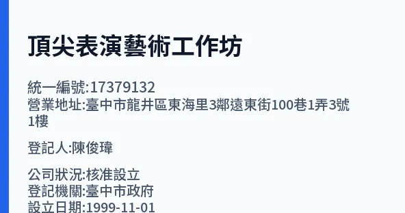 頂尖表演藝術工作坊的照片-統編 17379132(臺中市) 公司登記資料與營業項目詳細圖表