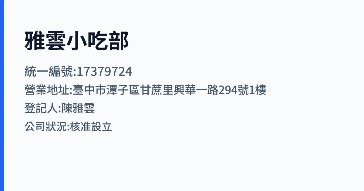 雅雲小吃部 - 統編 17379724(臺中市) 公司登記資料與營業項目詳細圖表
