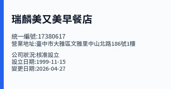 瑞麟美又美早餐店的照片-統編 17380617(臺中市) 公司登記資料與營業項目詳細圖表