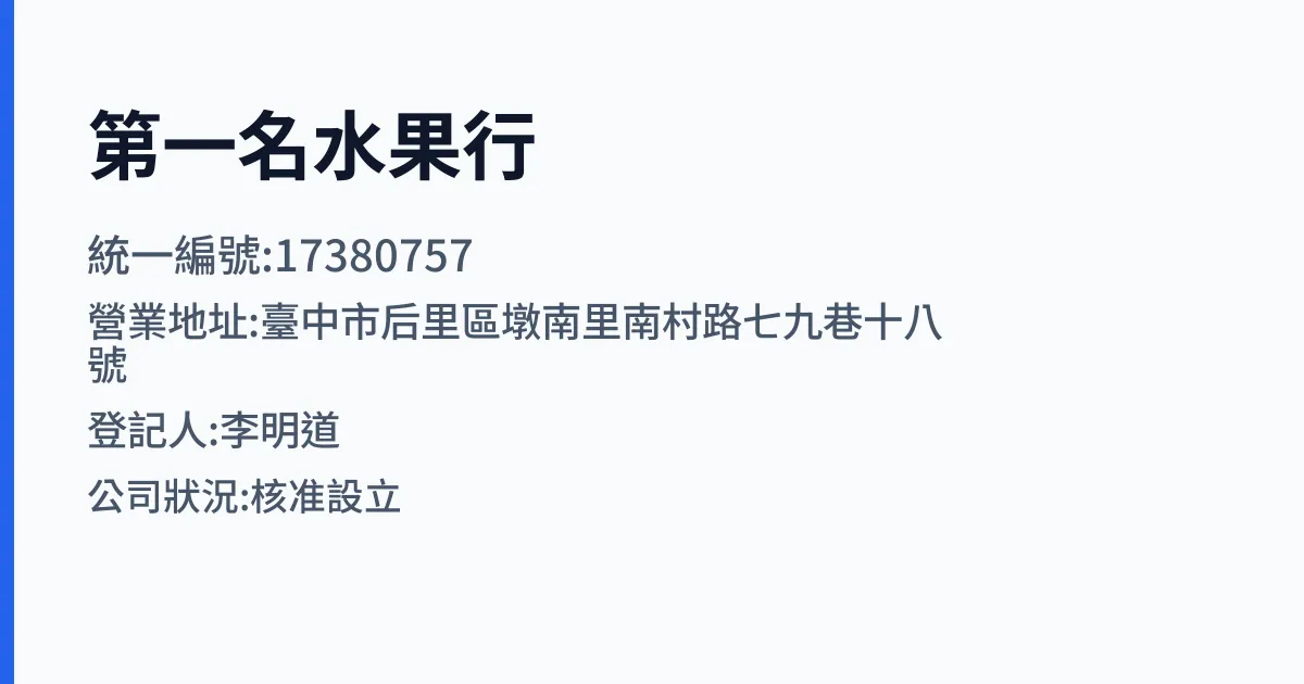 第一名水果行 - 統編 17380757(臺中市) 公司登記資料與營業項目詳細圖表