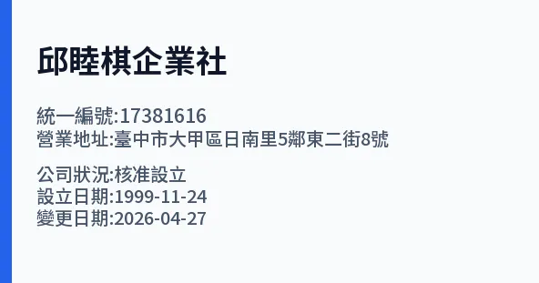 邱睦棋企業社的照片-統編 17381616(臺中市) 公司登記資料與營業項目詳細圖表