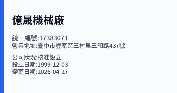 億晟機械廠的照片-統編 17383071(臺中市) 公司登記資料與營業項目詳細圖表