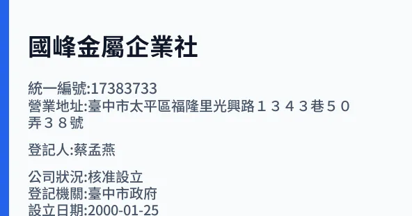 國峰金屬企業社的照片-統編 17383733(臺中市) 公司登記資料與營業項目詳細圖表
