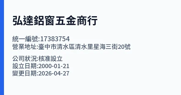 弘達鋁窗五金商行的照片-統編 17383754(臺中市) 公司登記資料與營業項目詳細圖表
