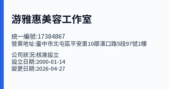 游雅惠美容工作室的照片-統編 17384867(臺中市) 公司登記資料與營業項目詳細圖表
